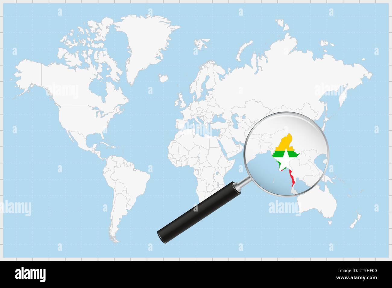 Magnifying glass showing a map of Myanmar on a world map. Myanmar flag and map enlarge in lens ...