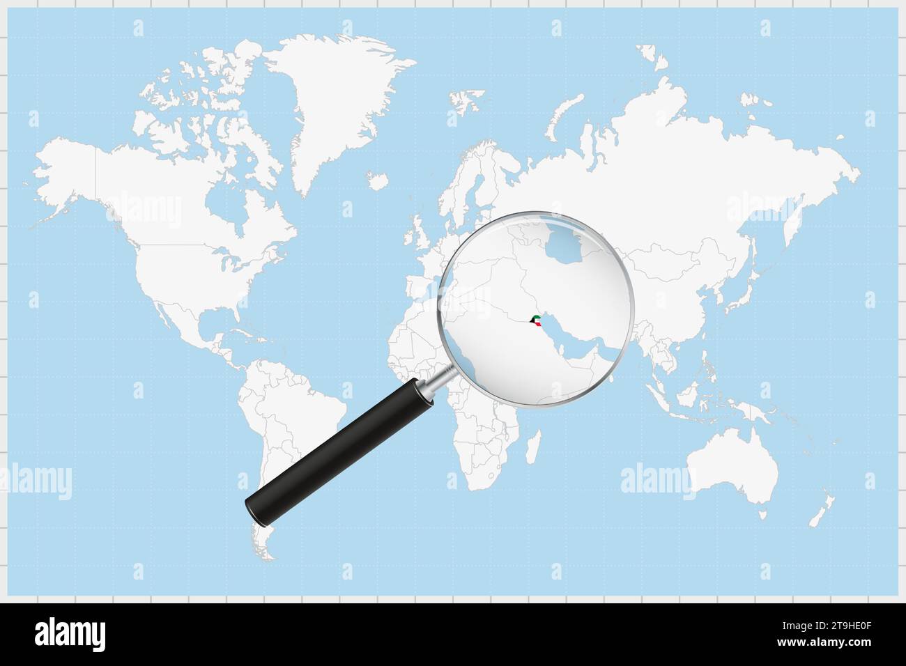 Magnifying glass showing a map of Kuwait on a world map. Kuwait flag ...