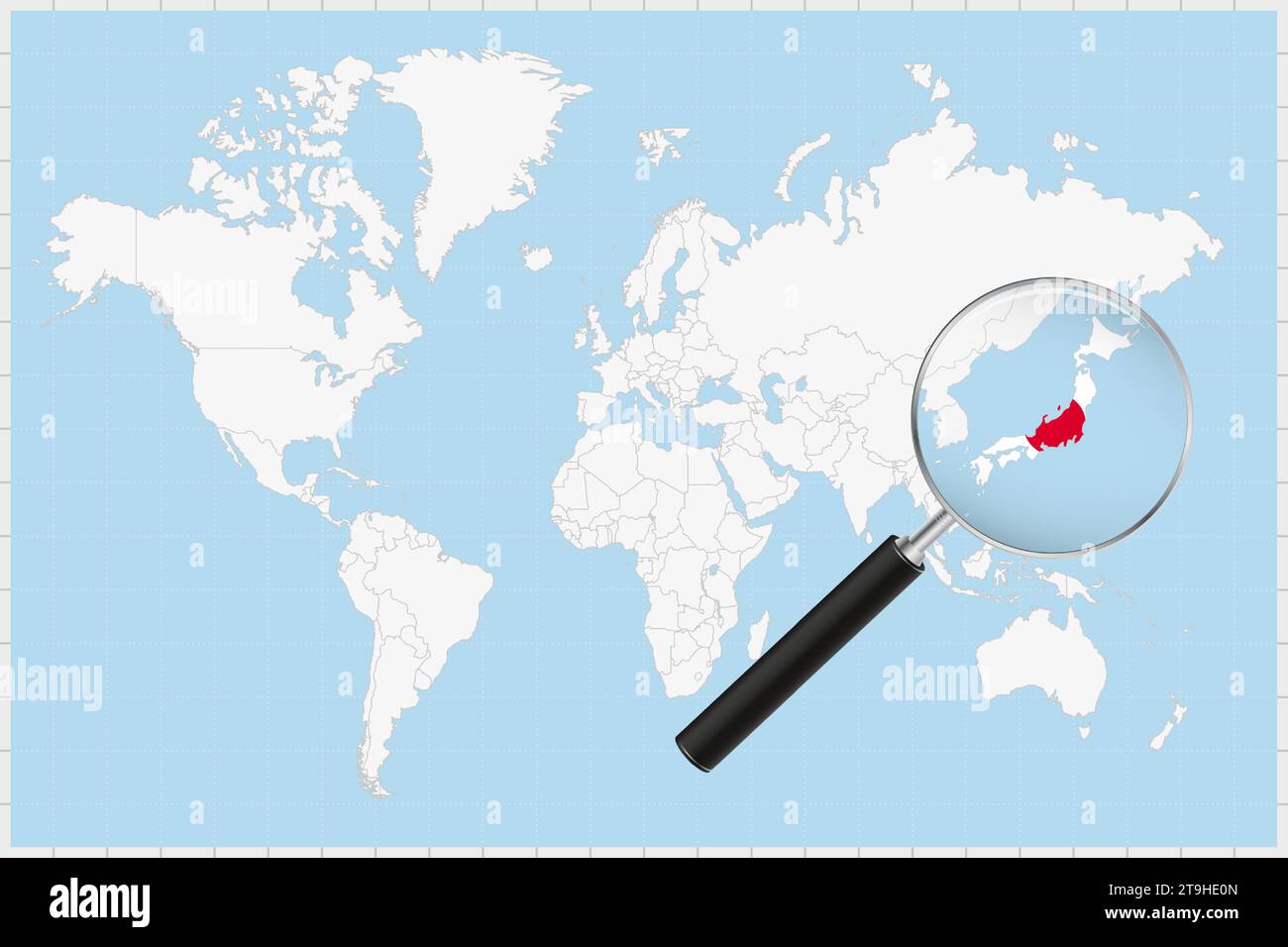 Magnifying glass showing a map of Japan on a world map. Japan flag and map enlarge in lens ...