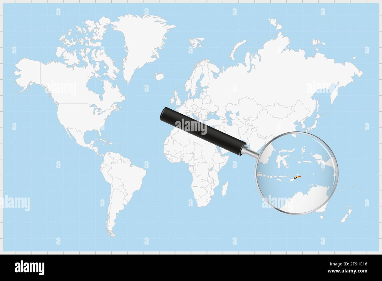 Magnifying glass showing a map of East Timor on a world map. East Timor flag and map enlarge in ...