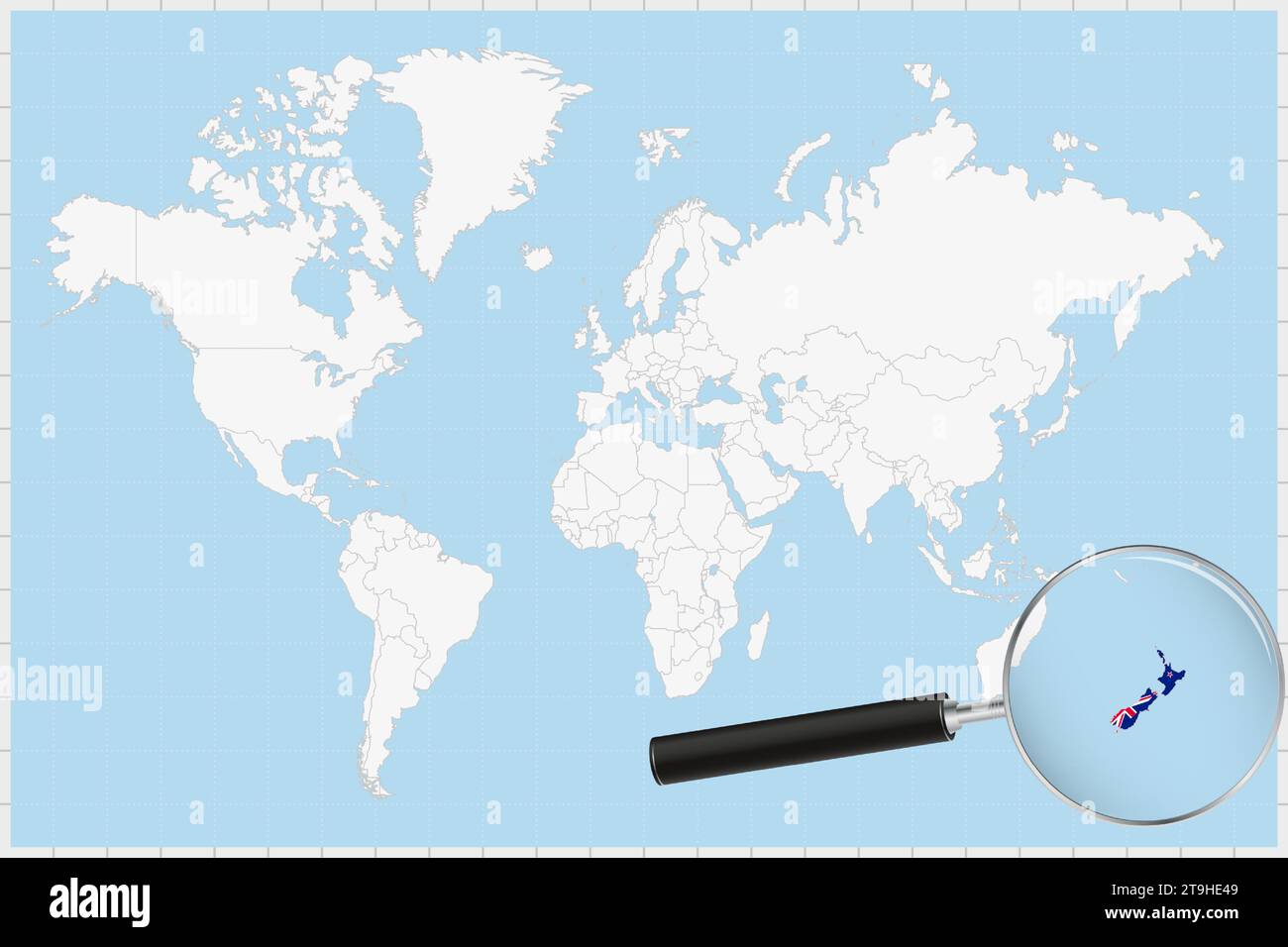 Magnifying glass showing a map of New Zealand on a world map. New ...