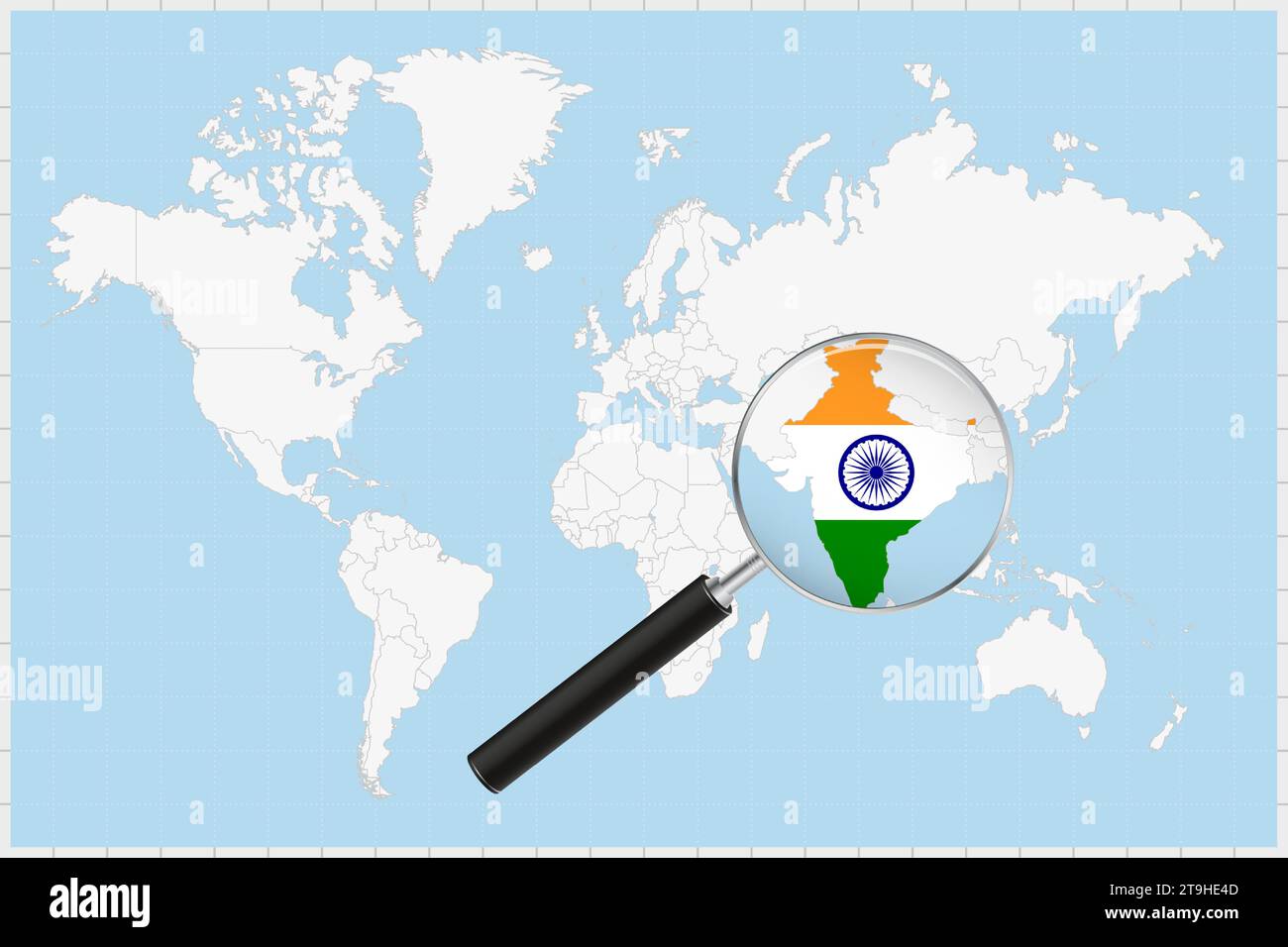 Magnifying glass showing a map of India on a world map. India flag and ...