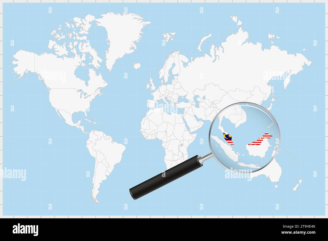 Magnifying glass showing a map of Malaysia on a world map. Malaysia flag and map enlarge in lens ...