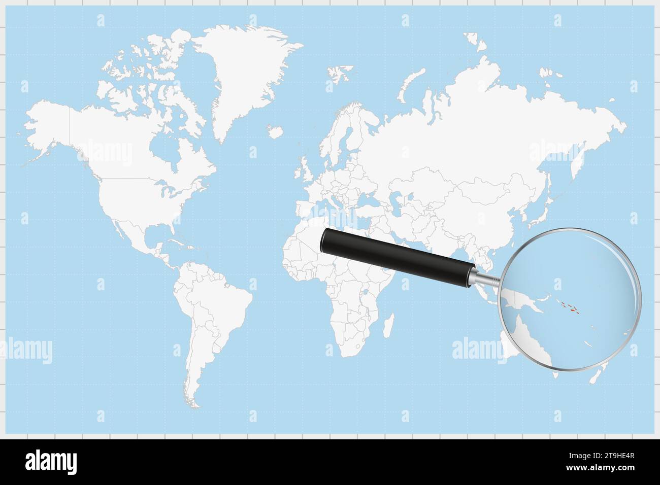 Magnifying glass showing a map of Solomon Islands on a world map. Solomon Islands flag and map ...
