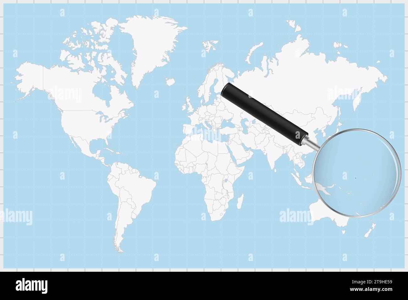 Magnifying glass showing a map of Nauru on a world map. Nauru flag and map enlarge in lens ...