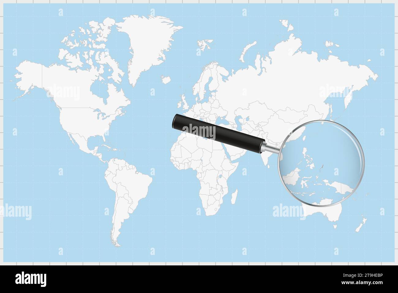 Magnifying glass showing a map of Palau on a world map. Palau flag and map enlarge in lens ...