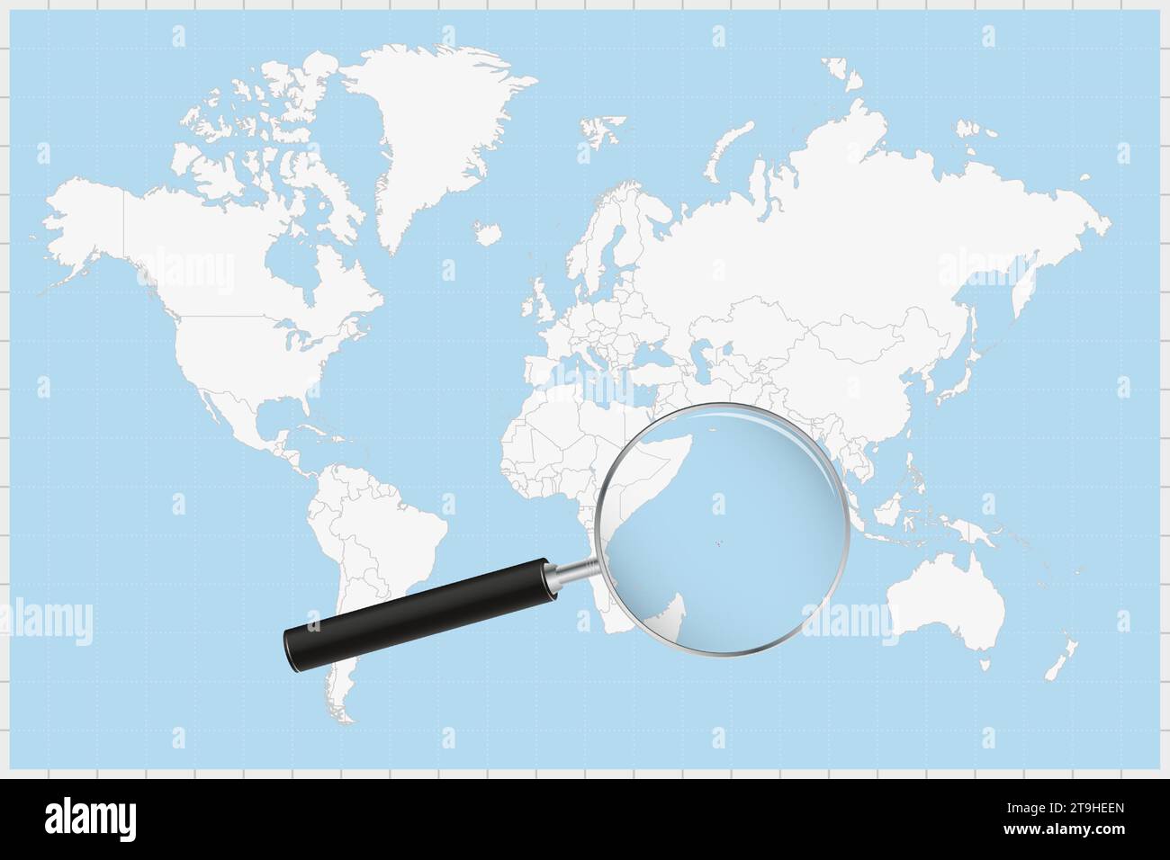 Magnifying glass showing a map of Seychelles on a world map. Seychelles flag and map enlarge in ...