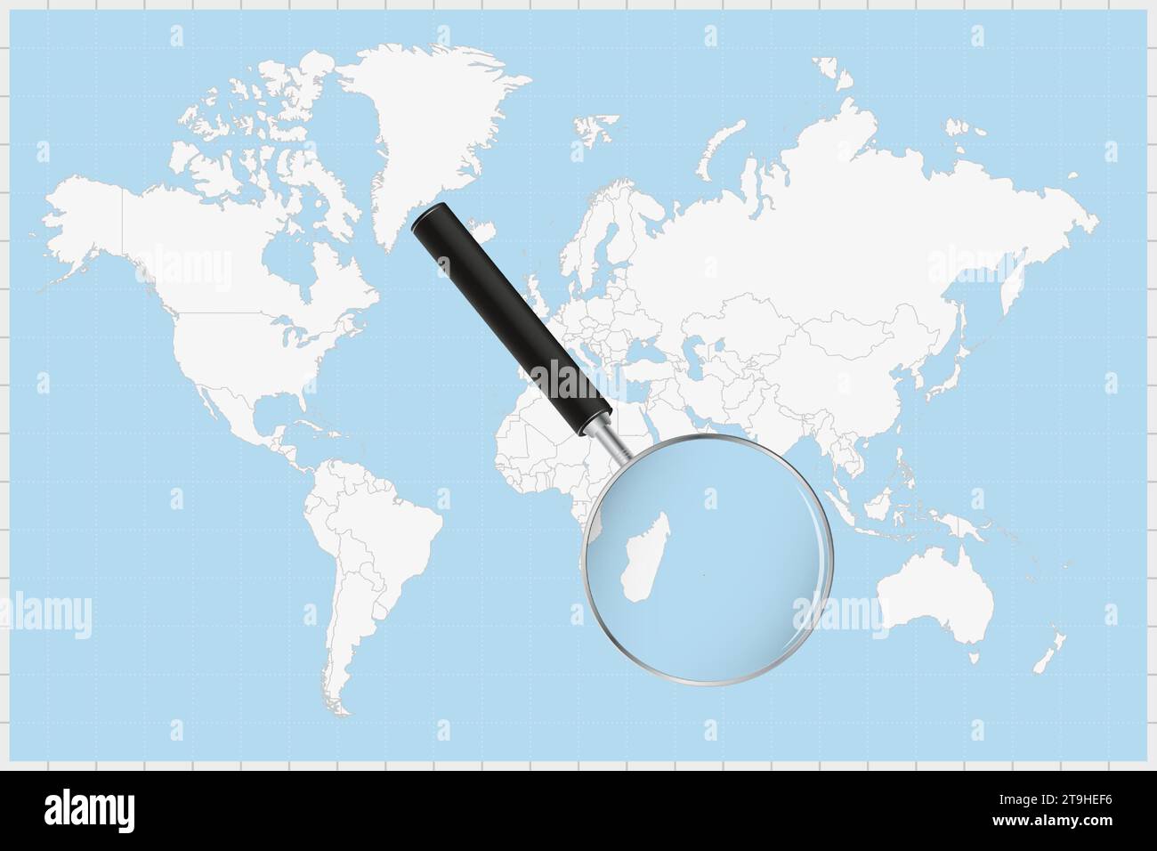 Magnifying glass showing a map of Mauritius on a world map. Mauritius flag and map enlarge in ...