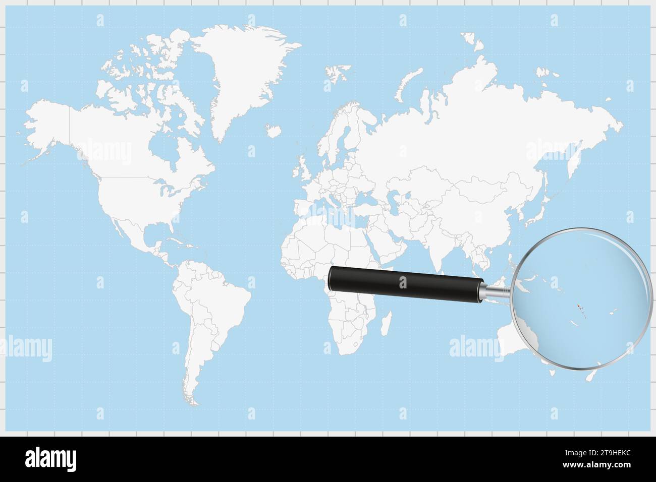 Magnifying glass showing a map of Vanuatu on a world map. Vanuatu flag and map enlarge in lens ...