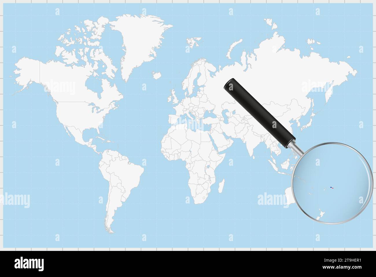 Magnifying glass showing a map of Samoa on a world map. Samoa flag and map enlarge in lens ...