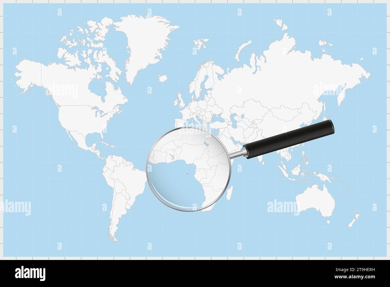 Magnifying glass showing a map of Sao Tome and Principe on a world map. Sao Tome and Principe ...