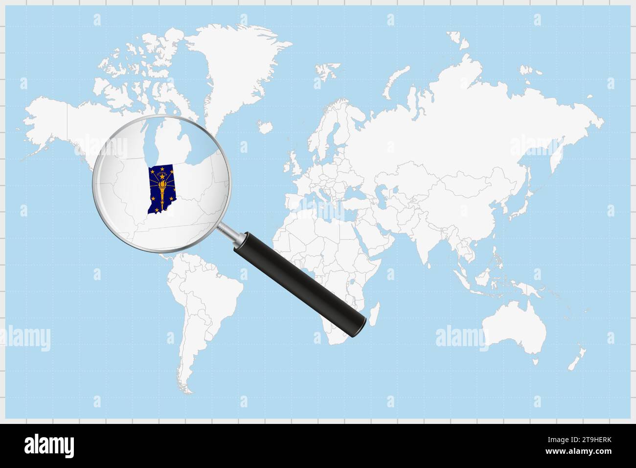 Magnifying glass showing a map of Indiana on a world map. Indiana flag and map enlarge in lens ...