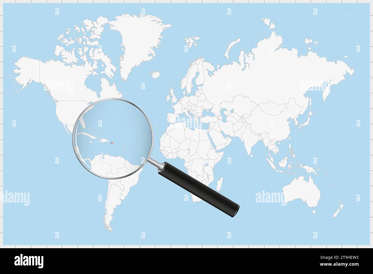 Magnifying glass showing a map of Puerto Rico on a world map. Puerto ...
