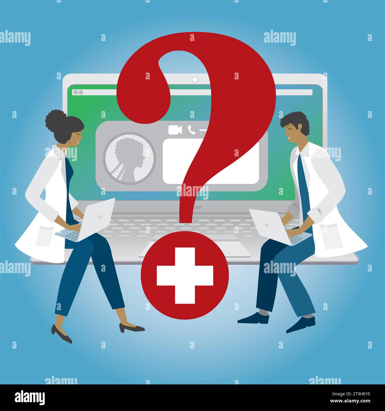 Doctors or pharmacists with laptop in front of a laptop with a person ...