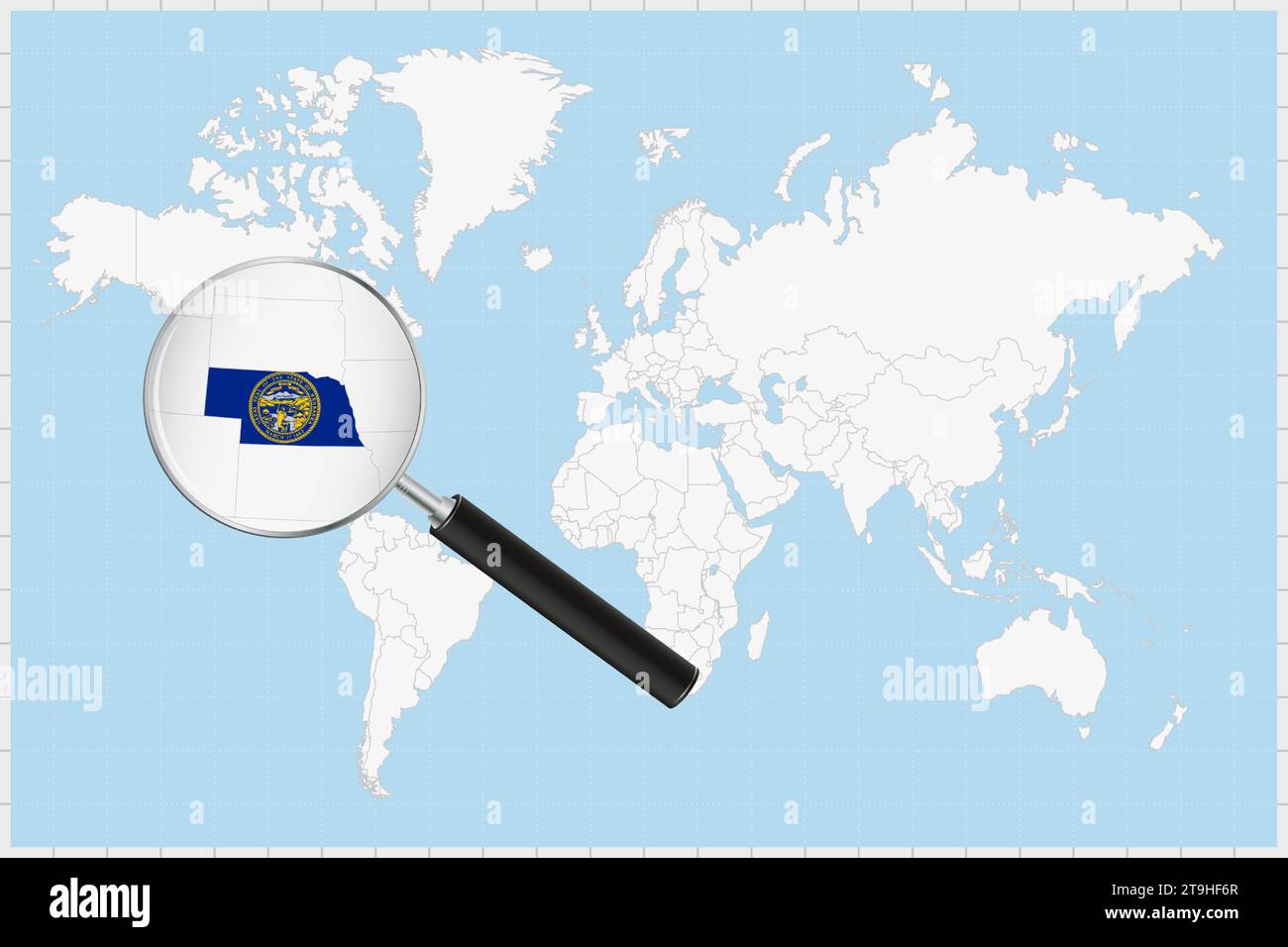 Magnifying glass showing a map of Nebraska on a world map. Nebraska flag and map enlarge in lens ...