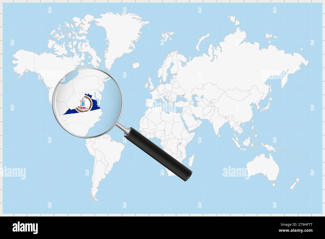 Magnifying glass showing a map of Virginia on a world map. Virginia flag and map enlarge in lens ...