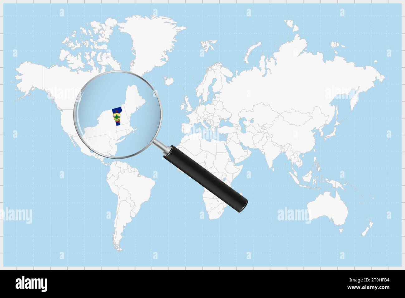 Magnifying glass showing a map of Vermont on a world map. Vermont flag ...