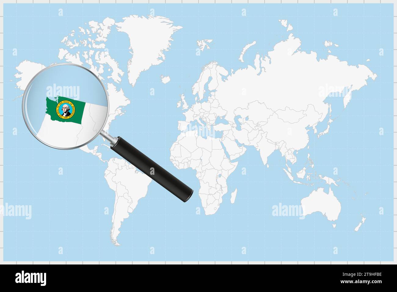 Magnifying glass showing a map of Washington on a world map. Washington flag and map enlarge in ...