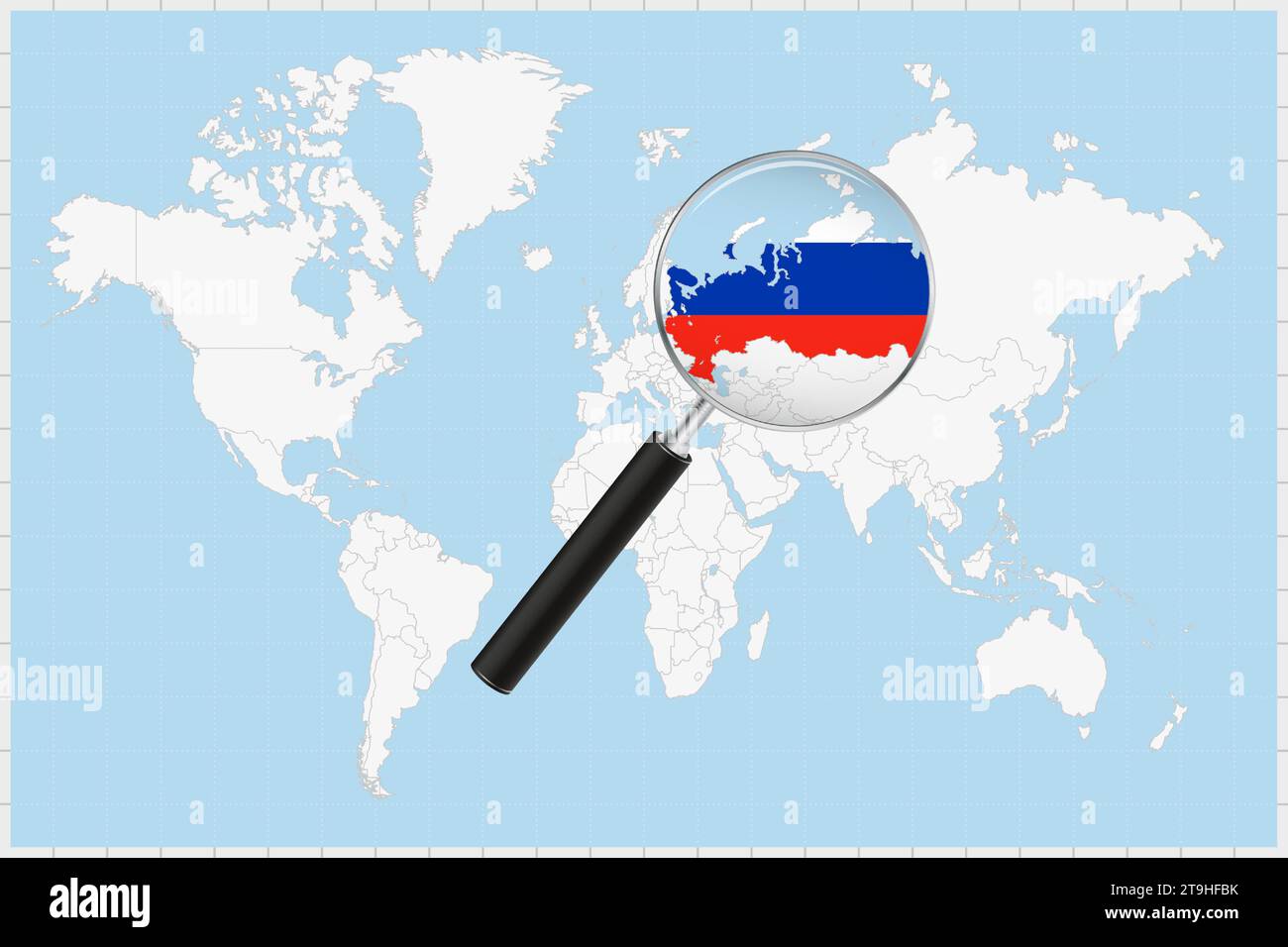 Magnifying glass showing a map of Russia on a world map. Russia flag and map enlarge in lens ...
