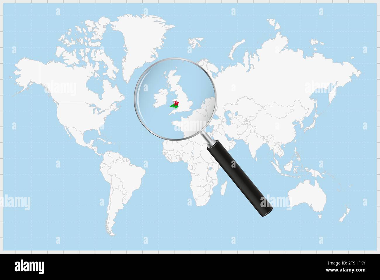 Magnifying glass showing a map of Wales on a world map. Wales flag and map enlarge in lens ...