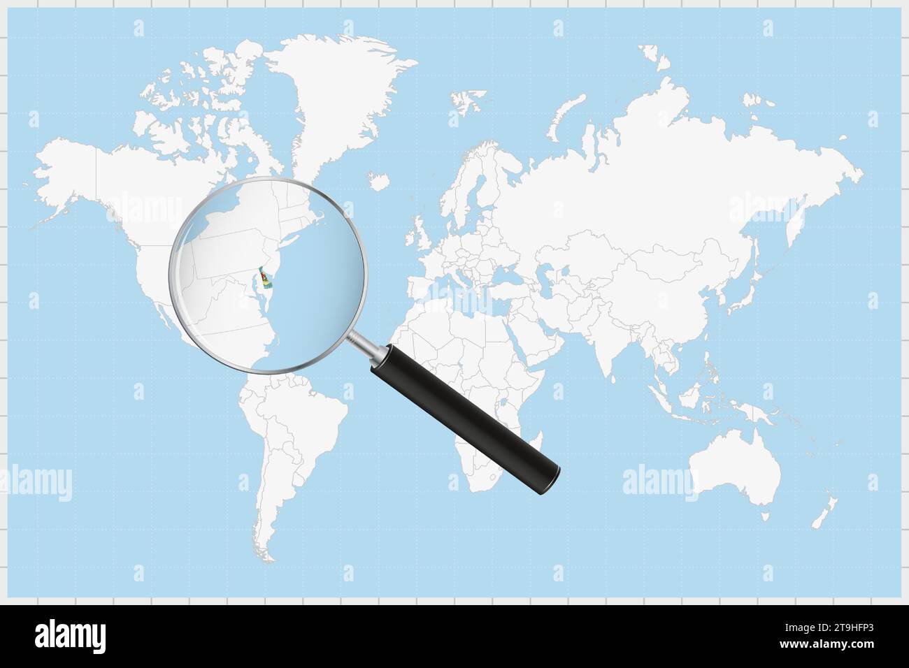 Magnifying glass showing a map of Delaware on a world map. Delaware flag and map enlarge in lens ...