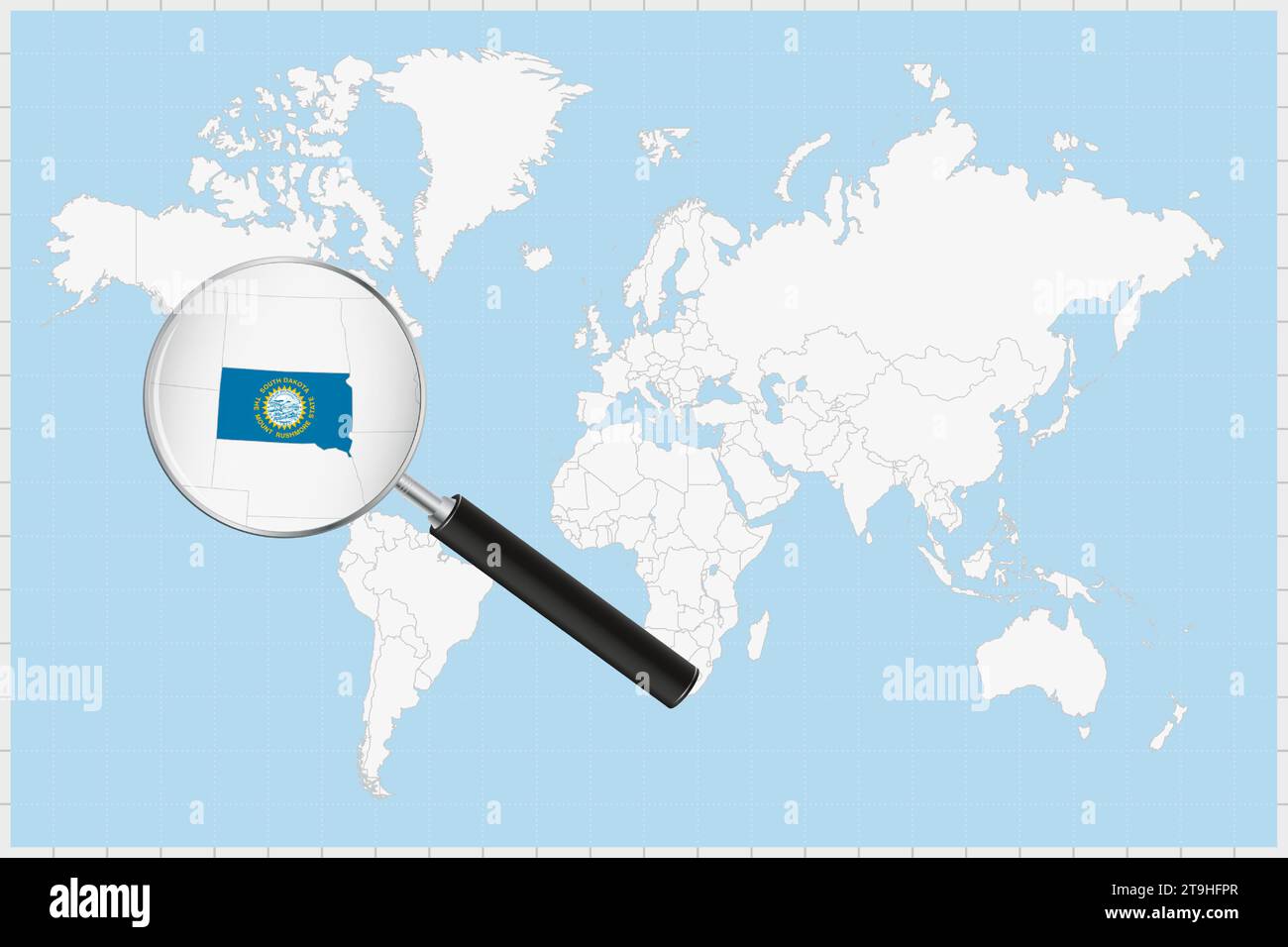 Magnifying glass showing a map of South Dakota on a world map. South Dakota flag and map enlarge ...