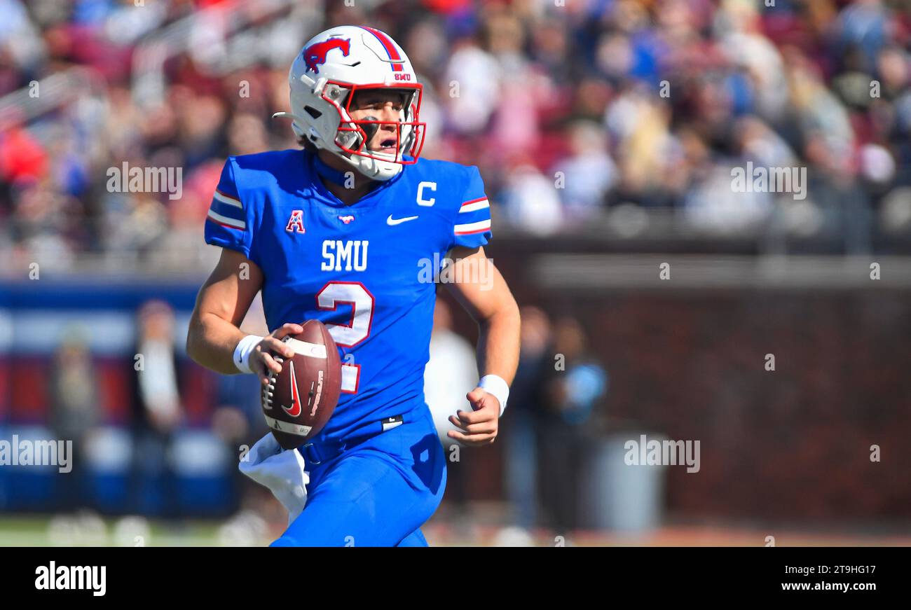 November 25, 2023: SMU Mustangs quarterback Preston Stone examines ...