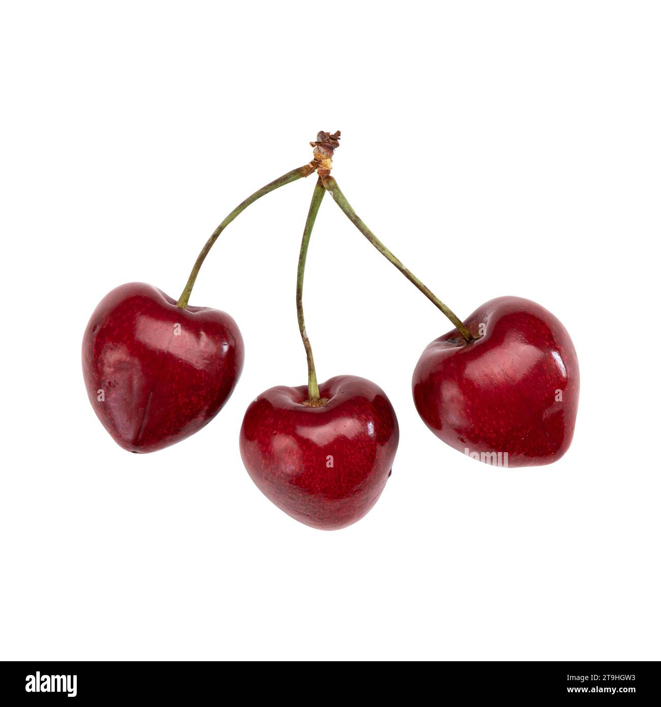three ripe sweet cherries isolated on white background, group of red ...