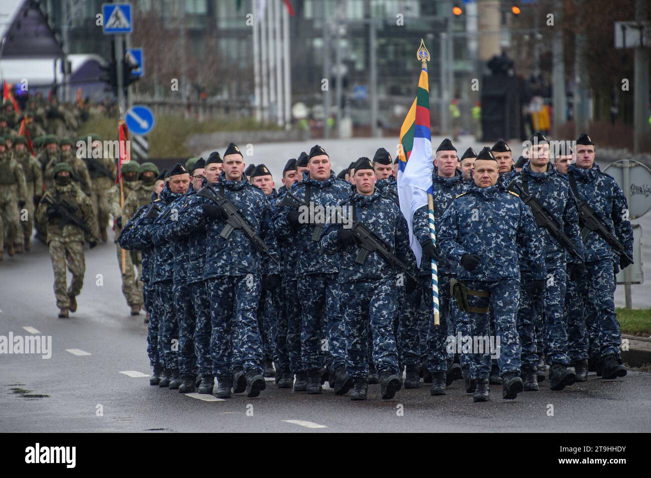 Vilnius, Lithuania. 25th Nov, 2023. Lithuanian soldiers march during a ...