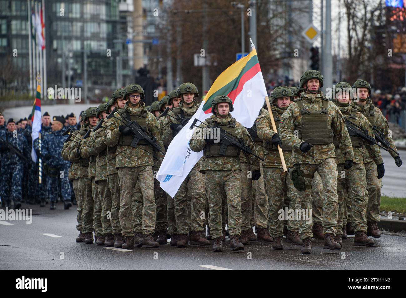 Vilnius, Lithuania. 25th Nov, 2023. Lithuanian soldiers march during a ...
