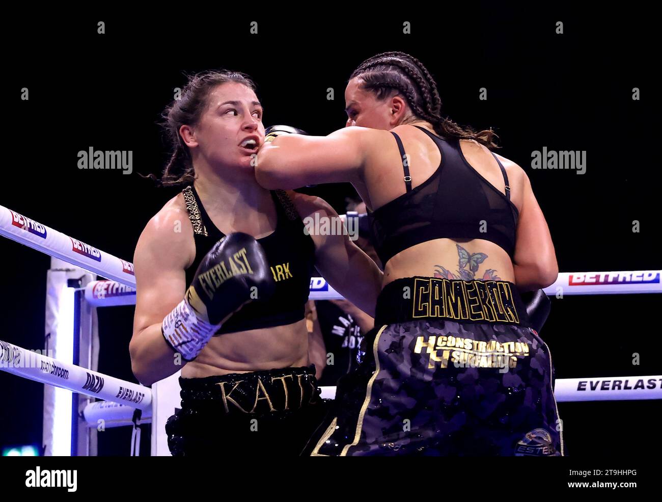 Katie Taylor (left) and Chantelle Cameron in action during their ...