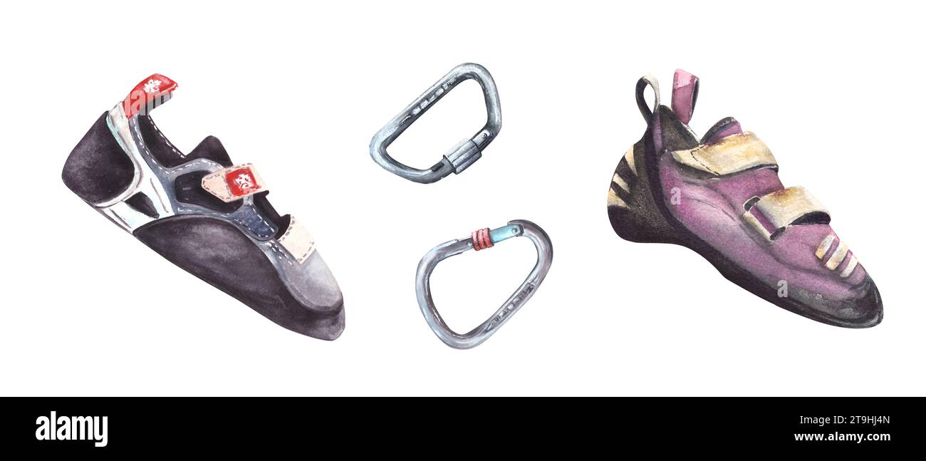 Climbing carbines and boulder shoes set. Watercolor hand draw ...