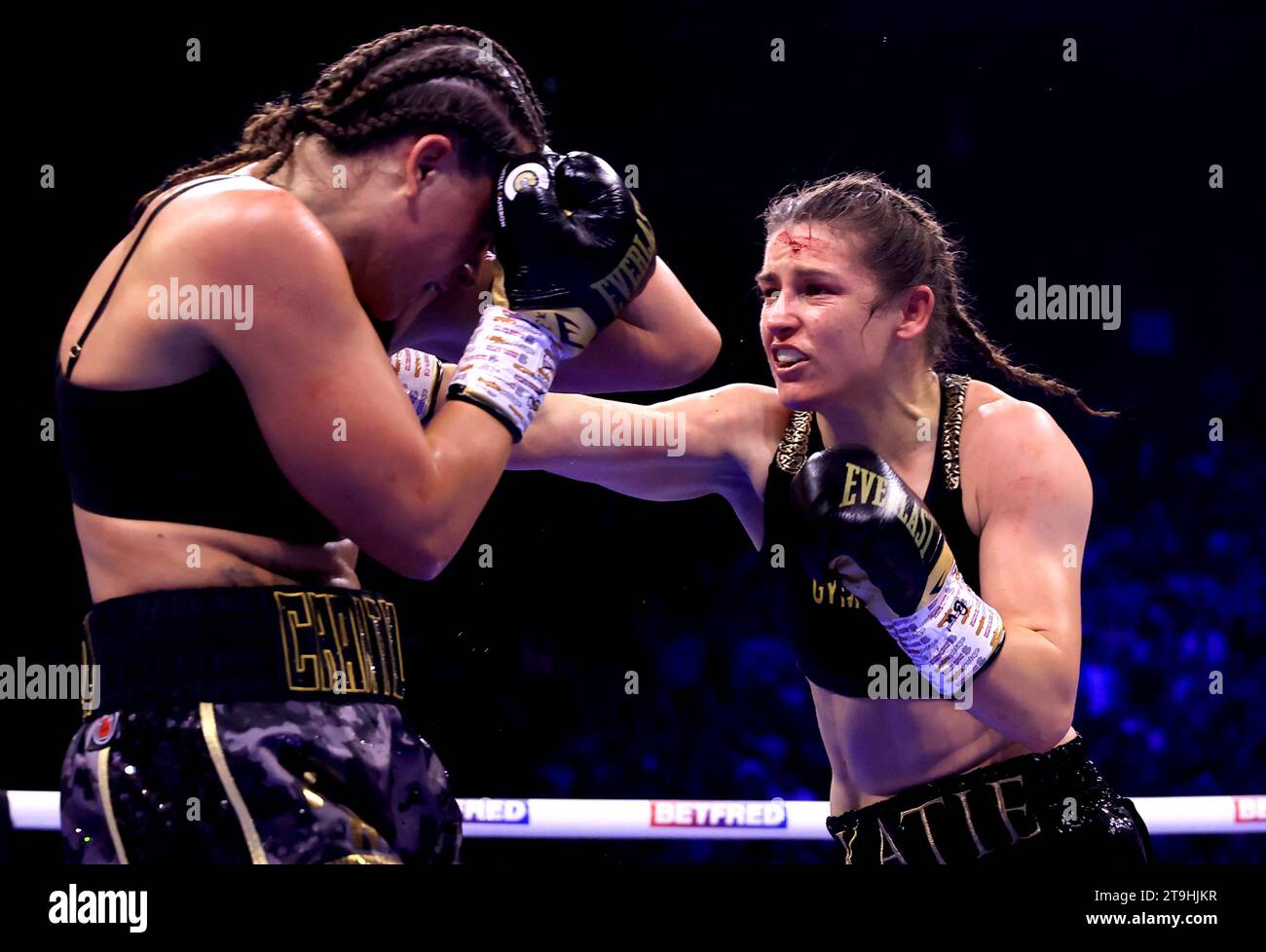Katie Taylor (right) and Chantelle Cameron in action during their ...
