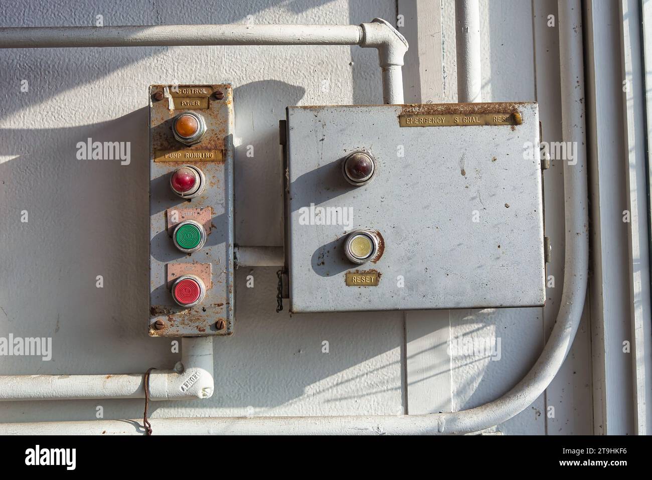 Pump control switch in an abandoned factory Stock Photo - Alamy