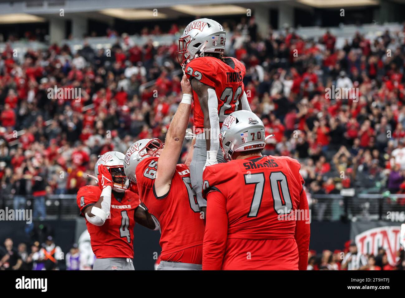 Las Vegas, NV, USA. 25th Nov, 2023. UNLV Rebels running back Jai'Den Thomas (22) and UNLV Rebels ...