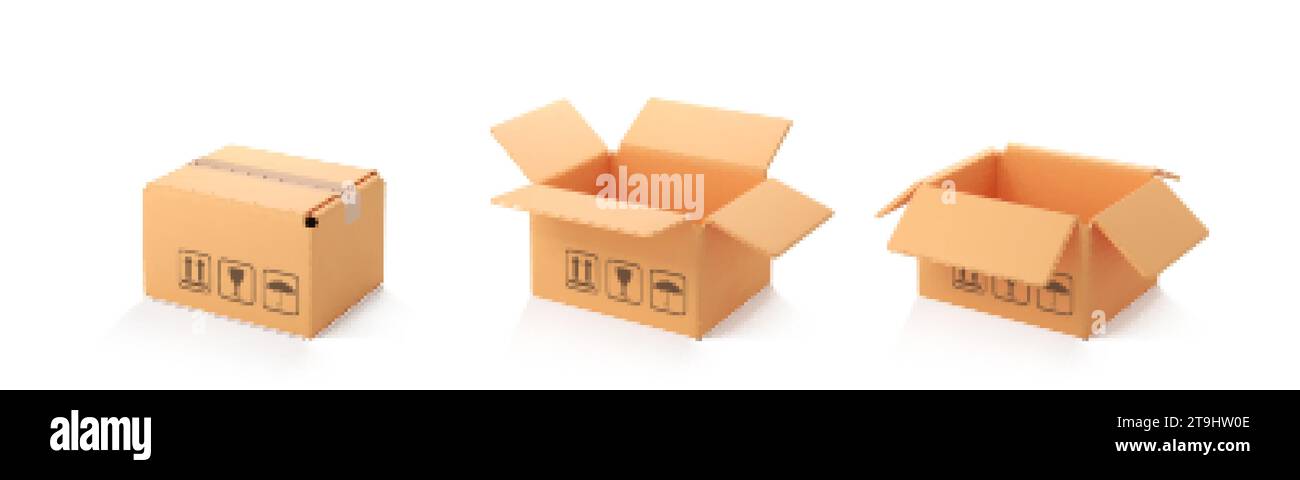 3D cardboard open and closed box isolated on white background. Delivery ...