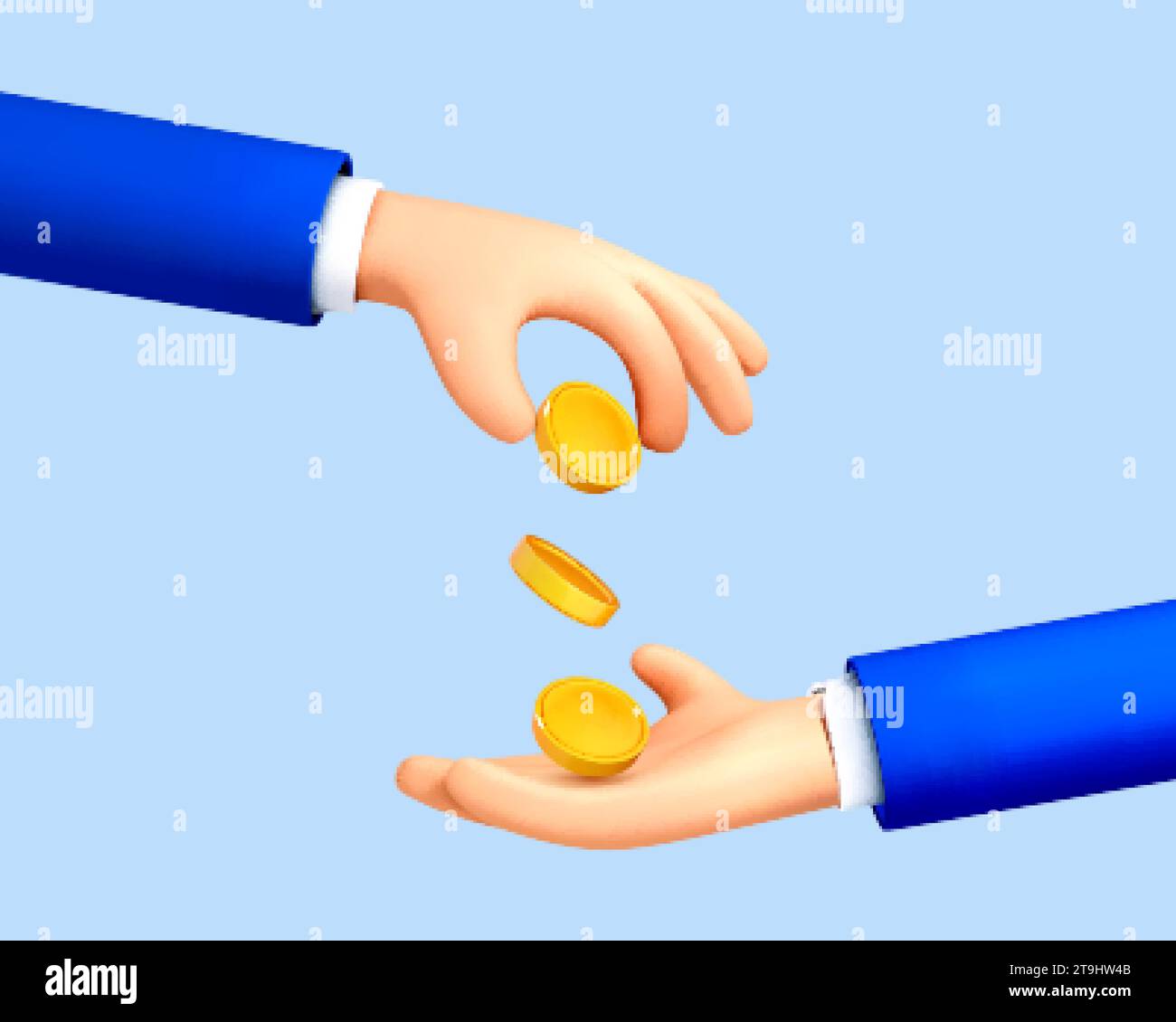 3D cartoon hand passes coins to the other. One hand holding a gold coin ...