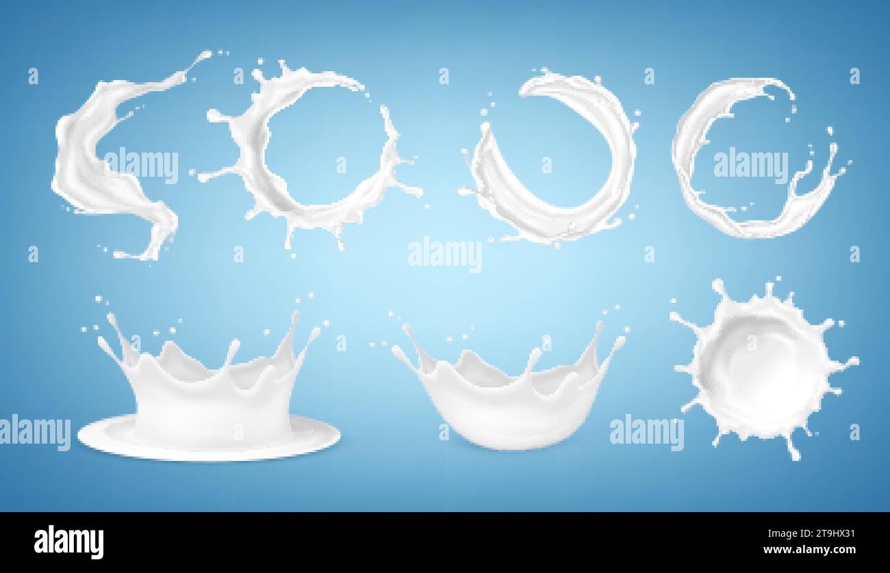 Big set of milk splashes isolated on blue background. Vector ...