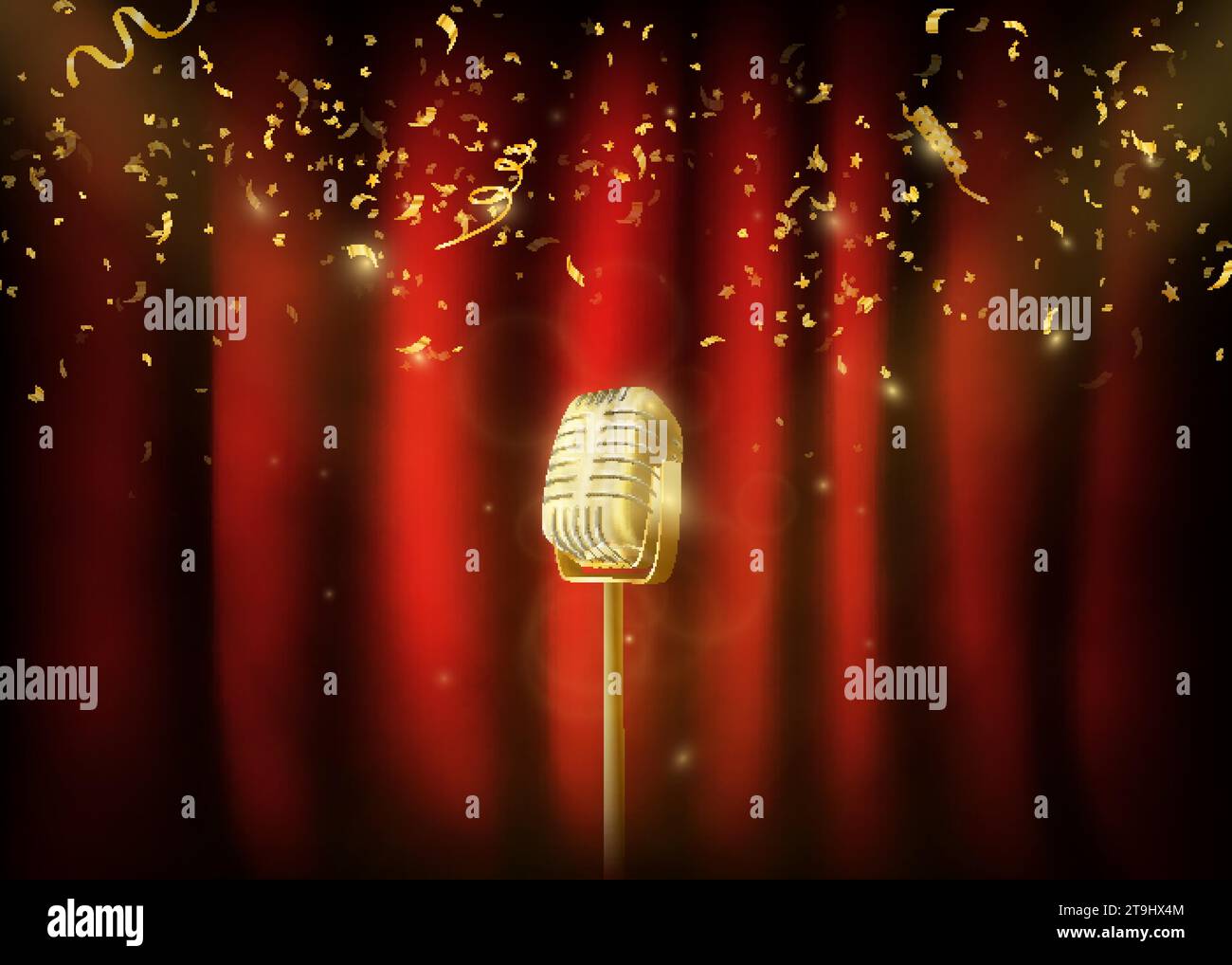 Vintage Gold Metal Microphone Red Curtain Background With Spotlight