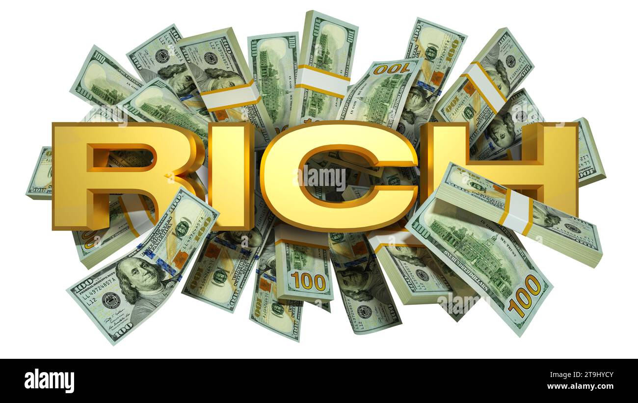 US dollar notes spread behind 3D golden Rich text. 3d text in front of ...