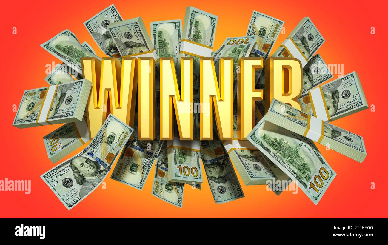 US dollar notes spread behind 3D golden Winner text. 3d text in front ...