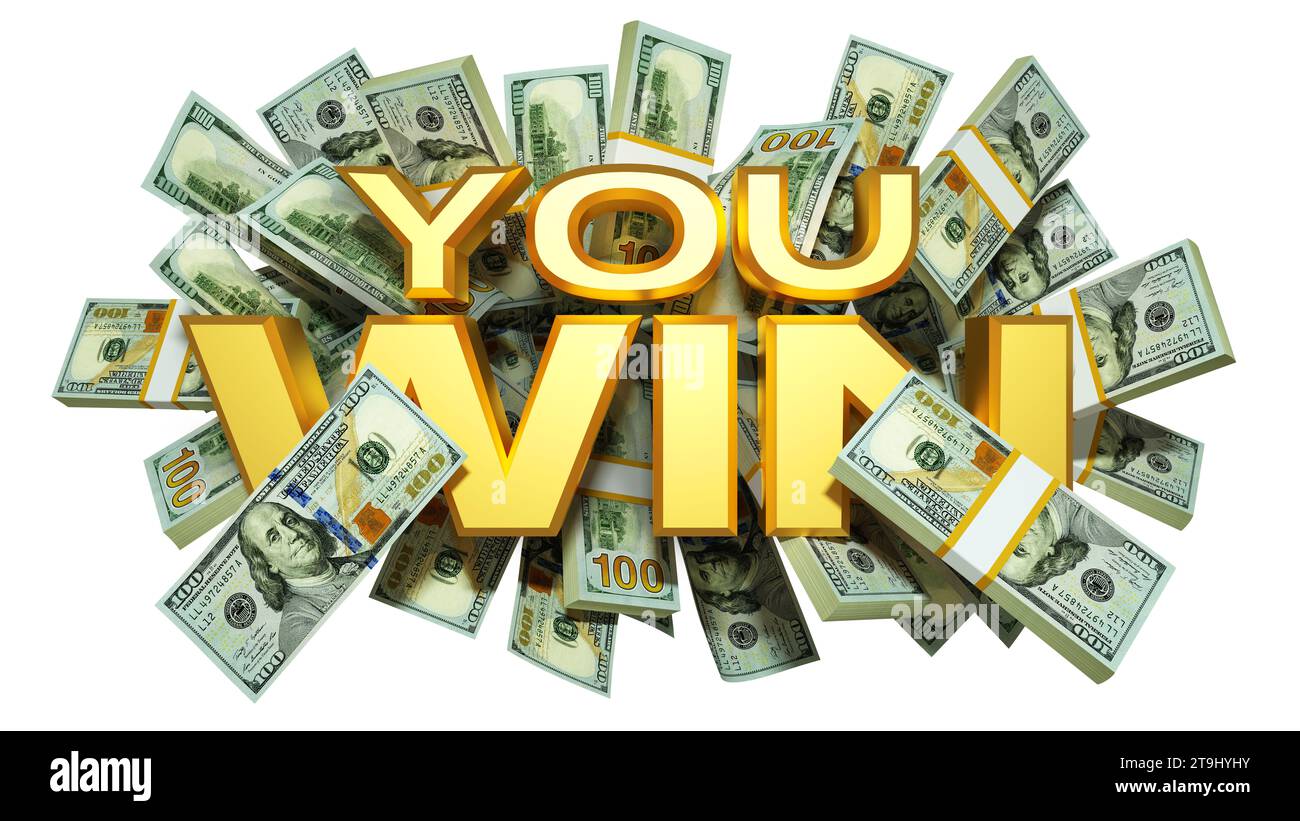 US dollar notes spread behind 3D golden You Win text. 3d text in front ...