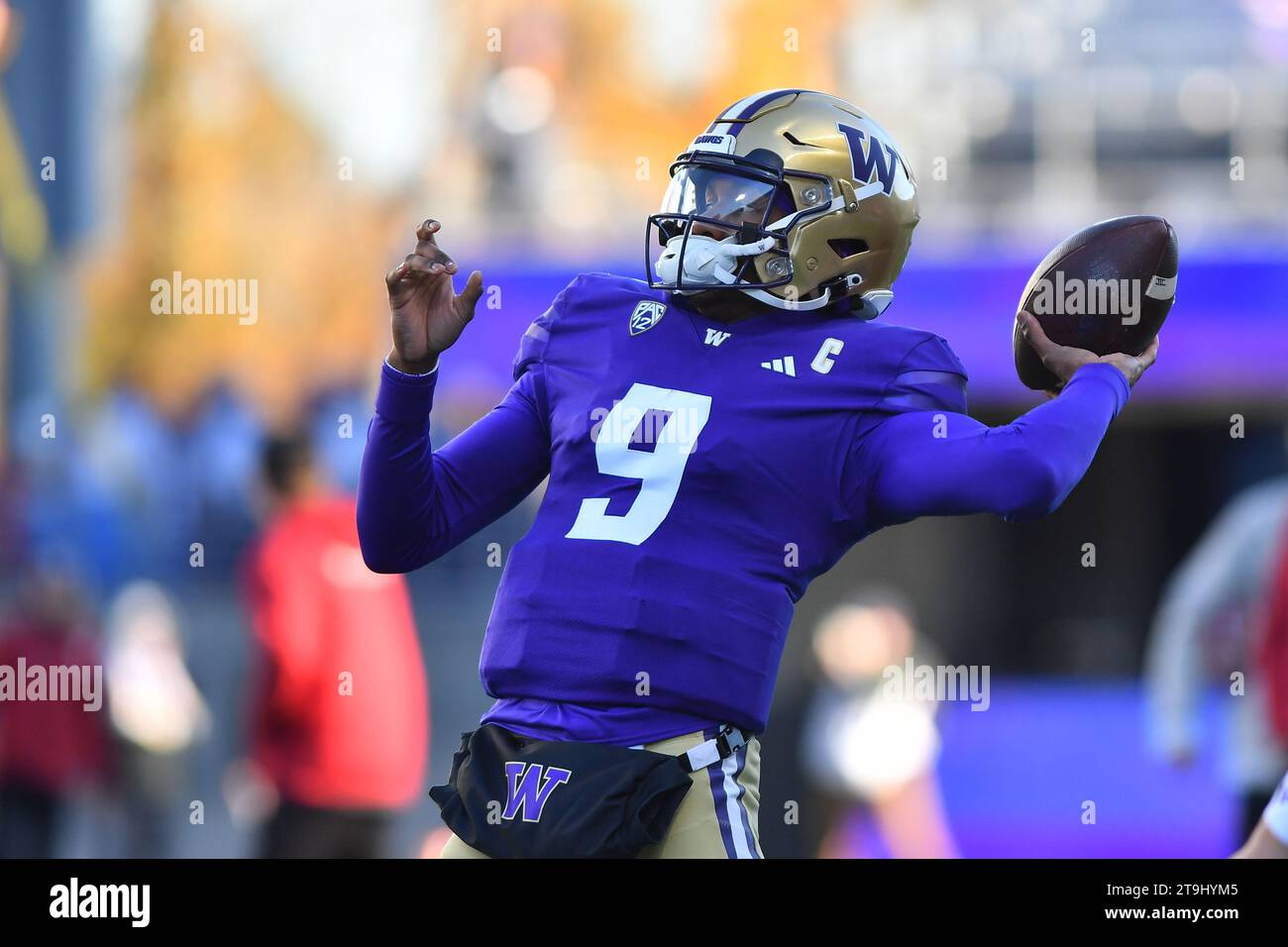 November 25, 2023: Washington Huskies quarterback Michael Penix Jr. (9) warms up before the NCAA ...