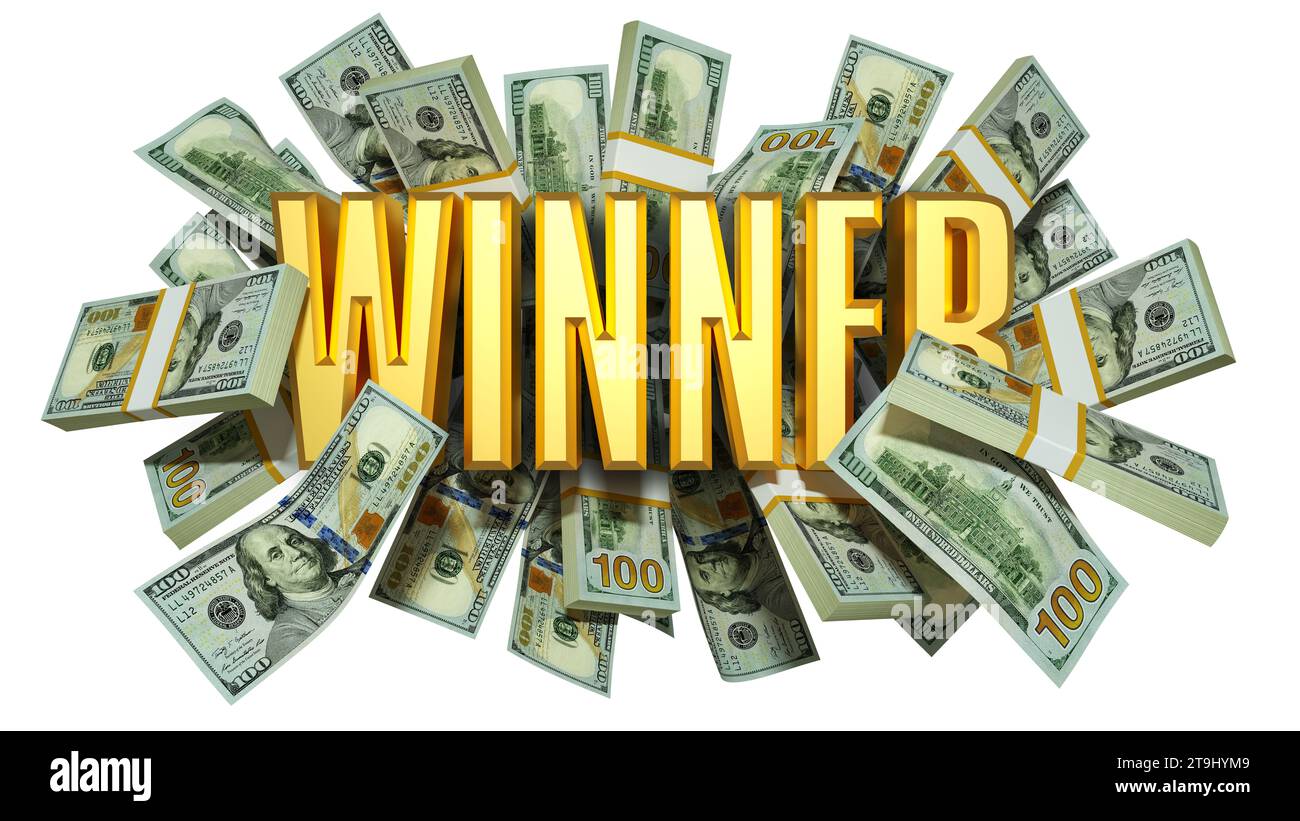 US dollar notes spread behind 3D golden Winner text. 3d text in front ...