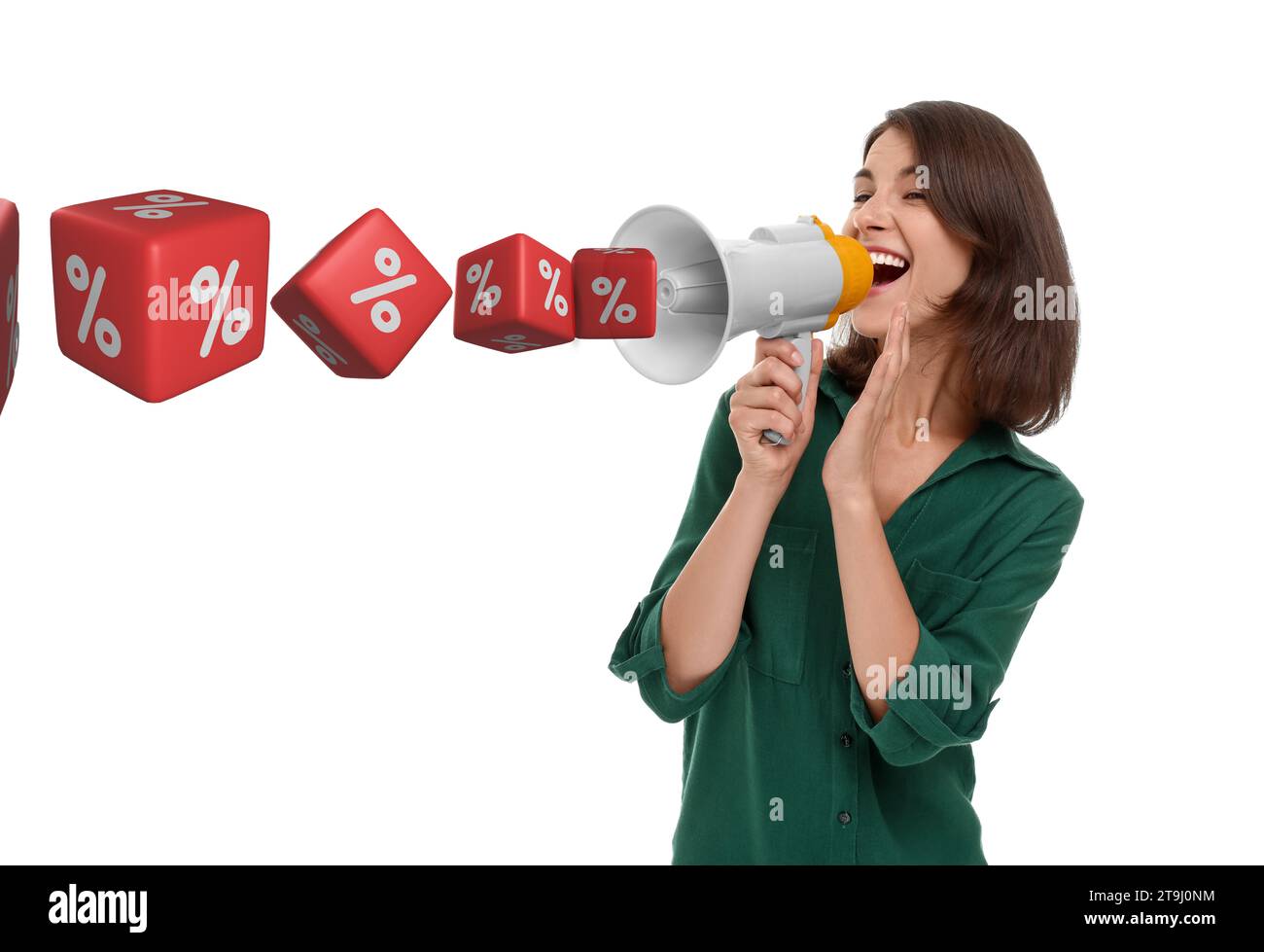 Discount offer. Woman shouting into megaphone on white background ...
