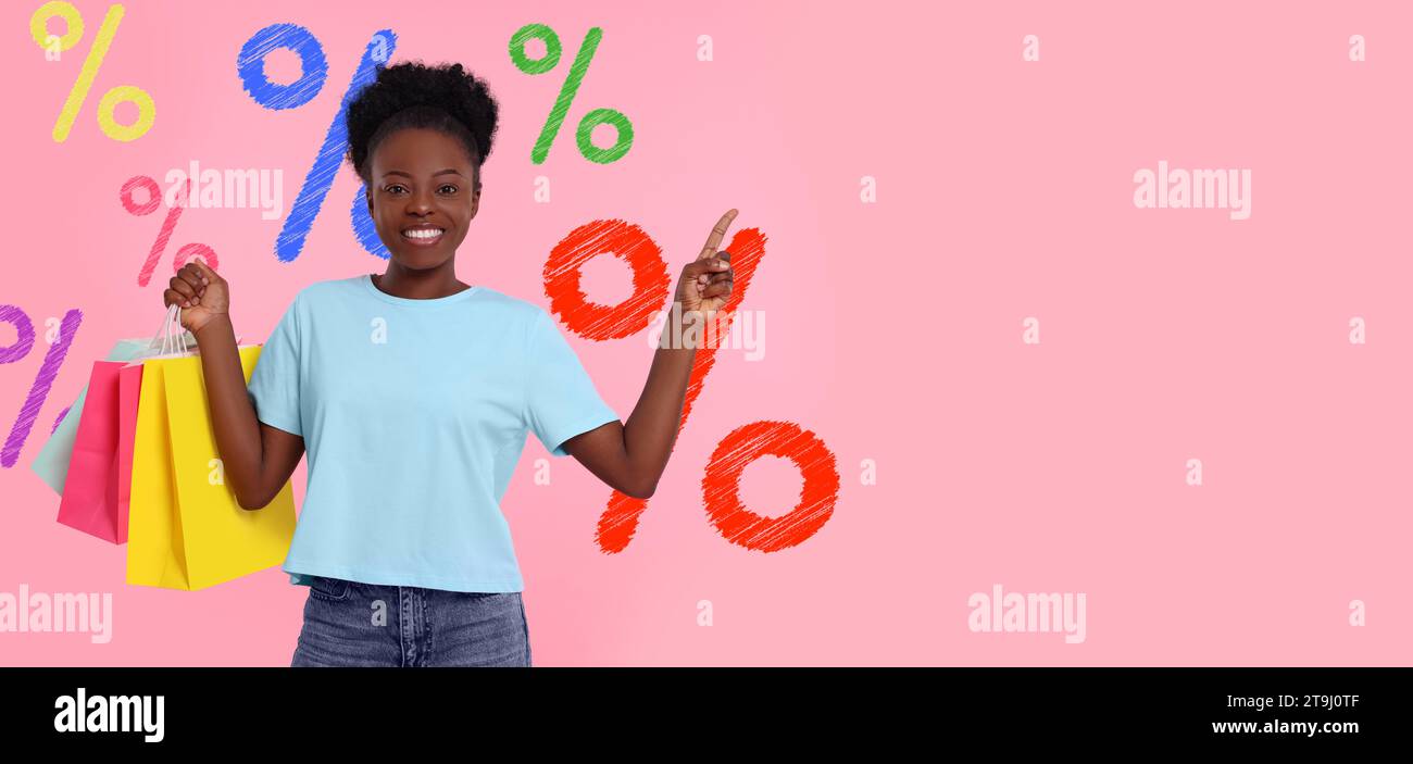 Discount offer, banner design. Happy woman with paper shopping bags ...