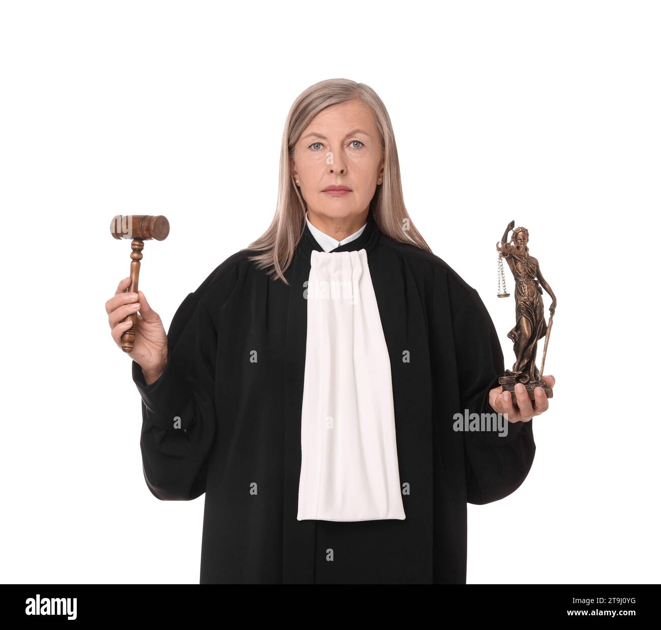 Senior judge with gavel and figure of Lady Justice on white background ...
