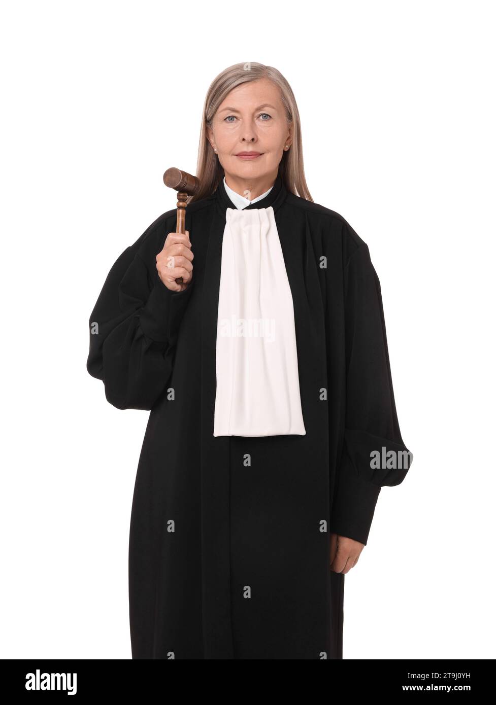 Beautiful senior judge with gavel on white background Stock Photo - Alamy