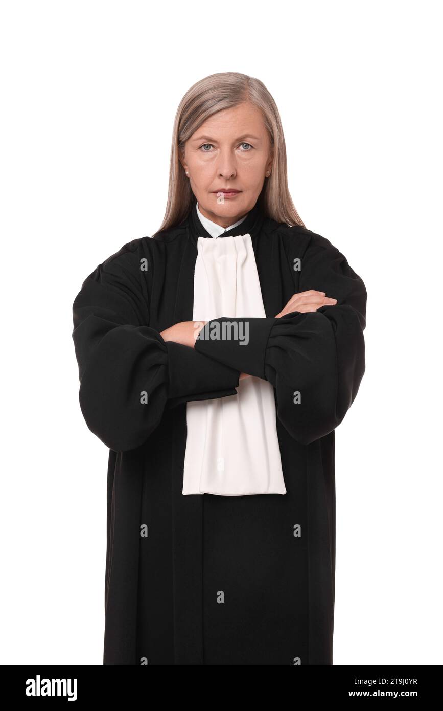 Beautiful senior judge with crossed arms on white background Stock ...