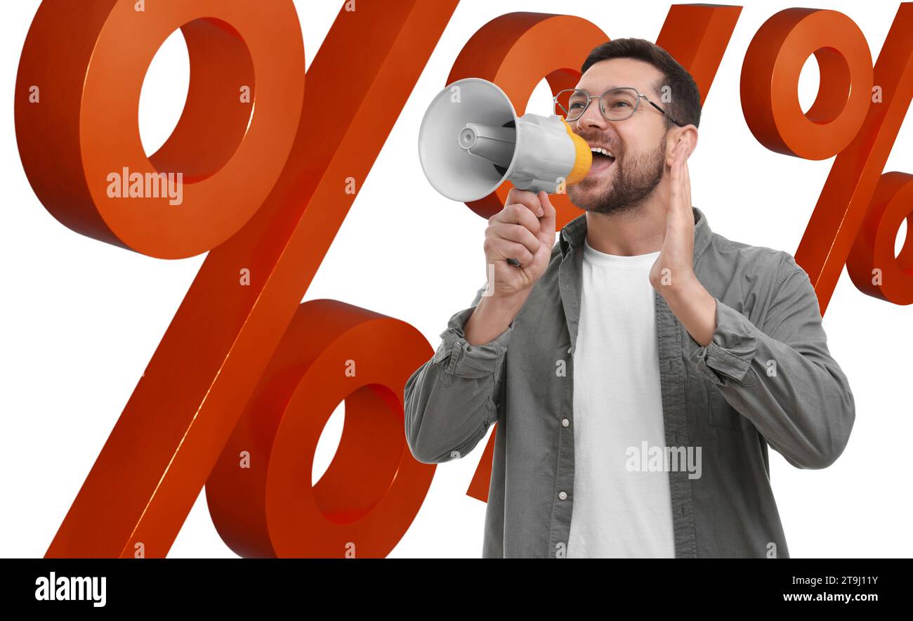 Discount offer. Man shouting into megaphone on white background ...